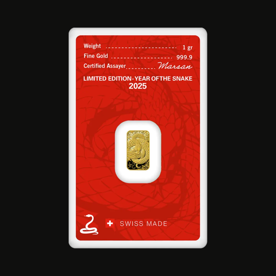1g Argor-Heraeus Lunar Snake 2025 Gold Bar - Tavex Bullion